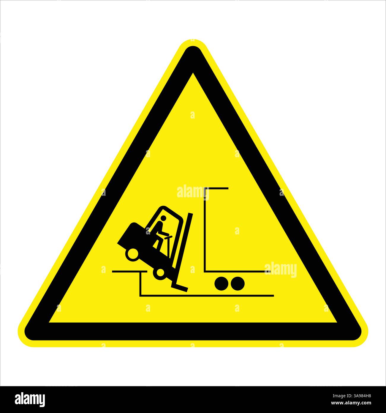 Yellow triangular warning sign indicating forklift tipping over hazard ...