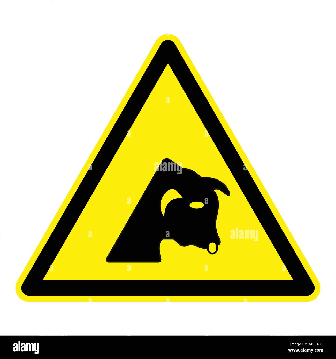 Yellow triangular warning sign showing a bull charging, representing ...