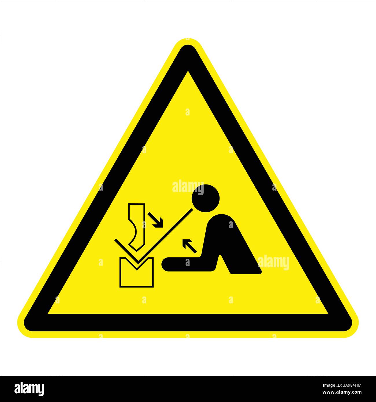 Yellow triangular warning sign depicting crushing hazard by hydraulic ...