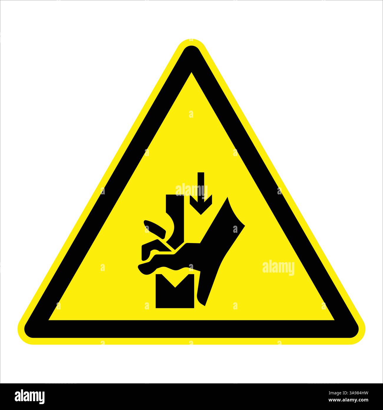Yellow triangular warning sign showing hand crushing hazard Stock ...