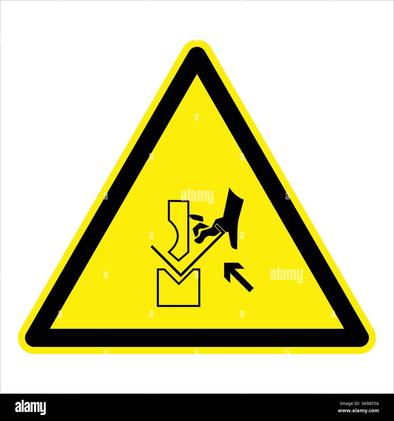 Yellow triangular warning sign indicating a hand crushing hazard ...