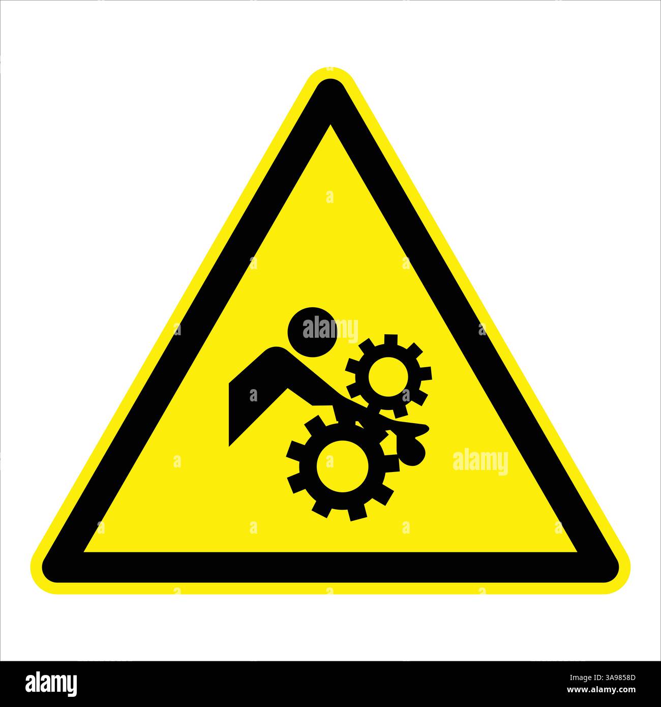 Yellow and black hazard warning sign showing rotating gears and a human ...