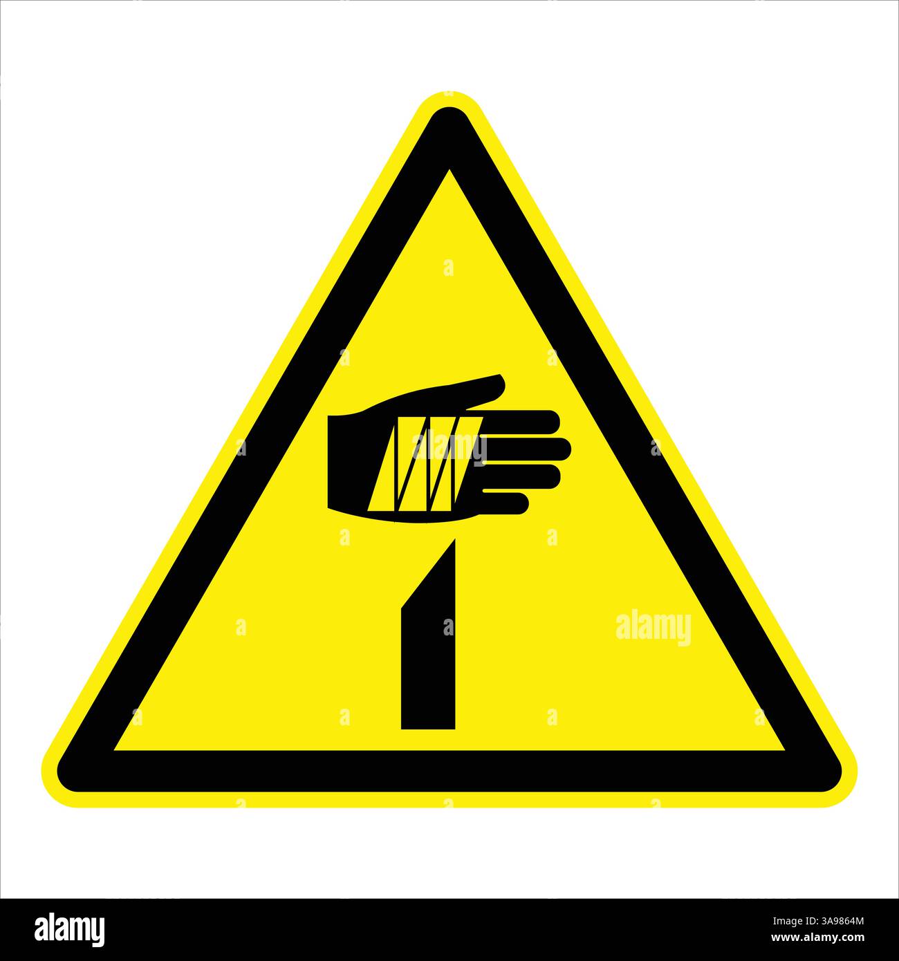 Yellow triangular warning sign depicting rotating parts crushing a ...