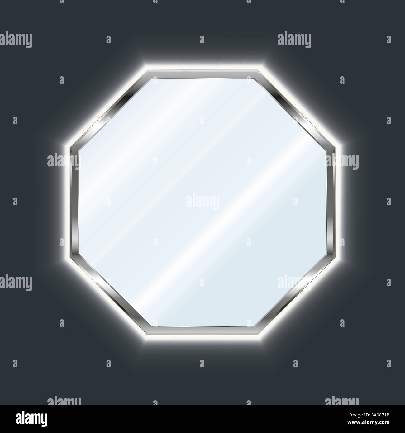 Realistic octagonal mirror in a silver frame with LED lighting. 3D ...
