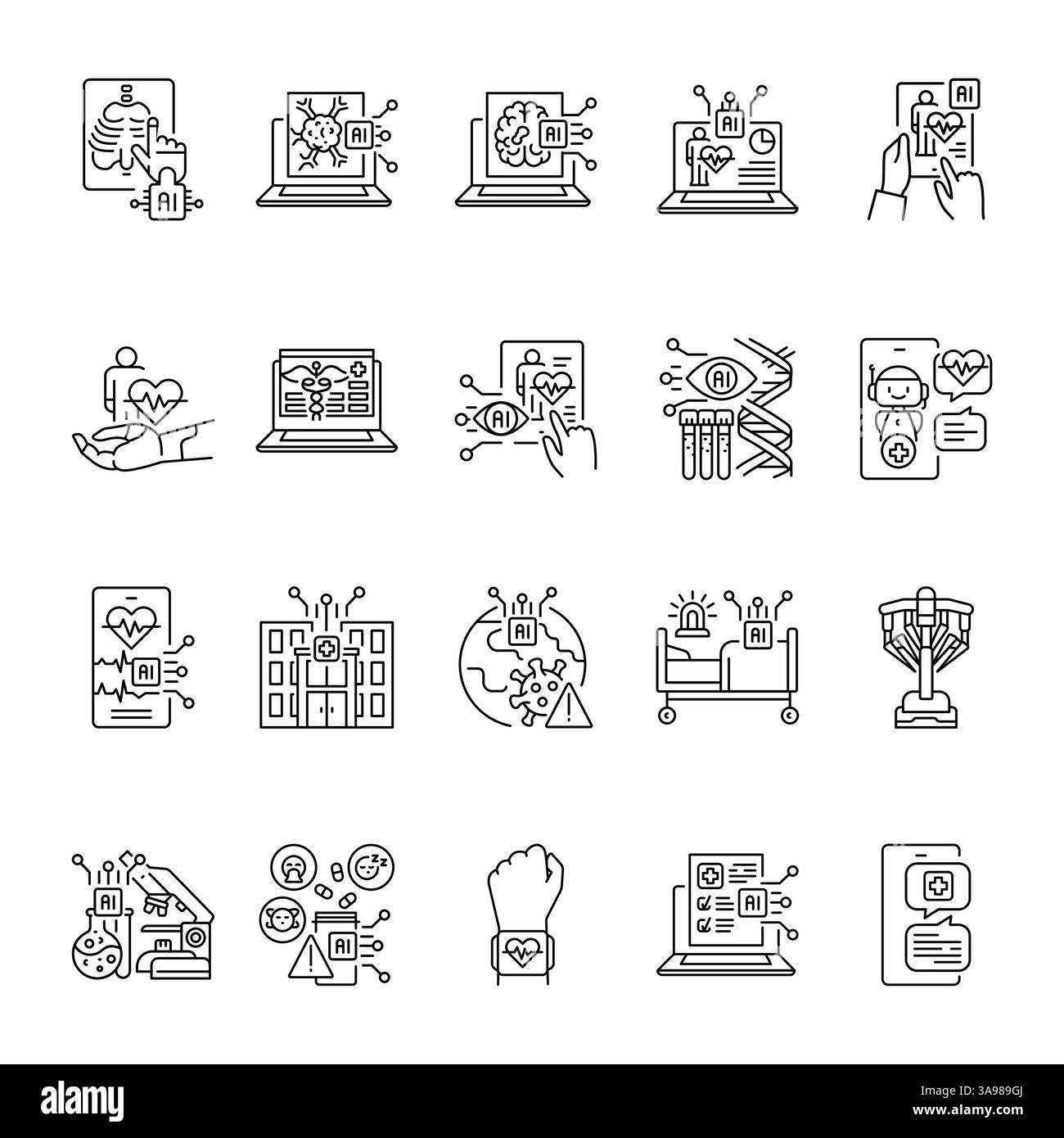 AI medical assistance black line icon for digital and print projects. Minimal clean icons for ...