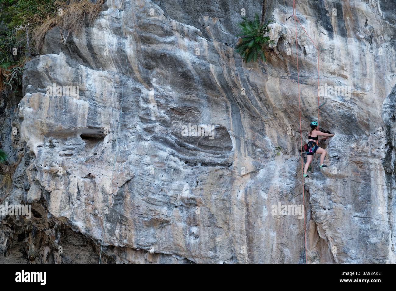 Female climber confidently scales the vertical limestone face at Tonsai ...