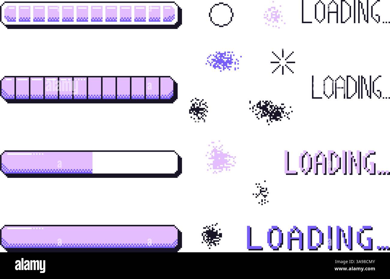 Pixel art loading bar interface. 8 bit game progress button elements set and text. Waiting signs ...