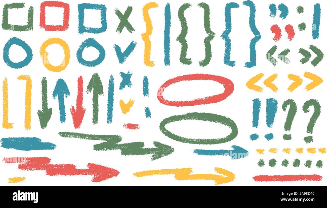 Check marks, arrow doodle set. Crayon underlines, quotation marks ...