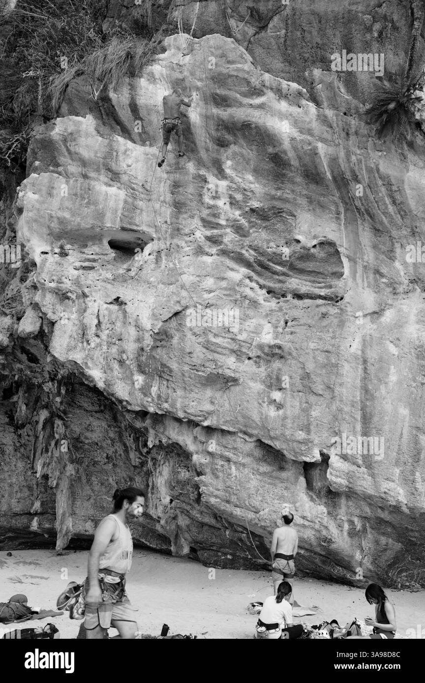 Climber ascends a towering limestone face as fellow adventurers prepare ...