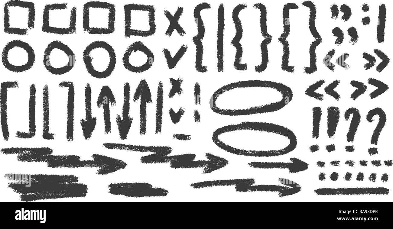 Black check marks, arrow doodle set. Charcoal underlines, quotation ...
