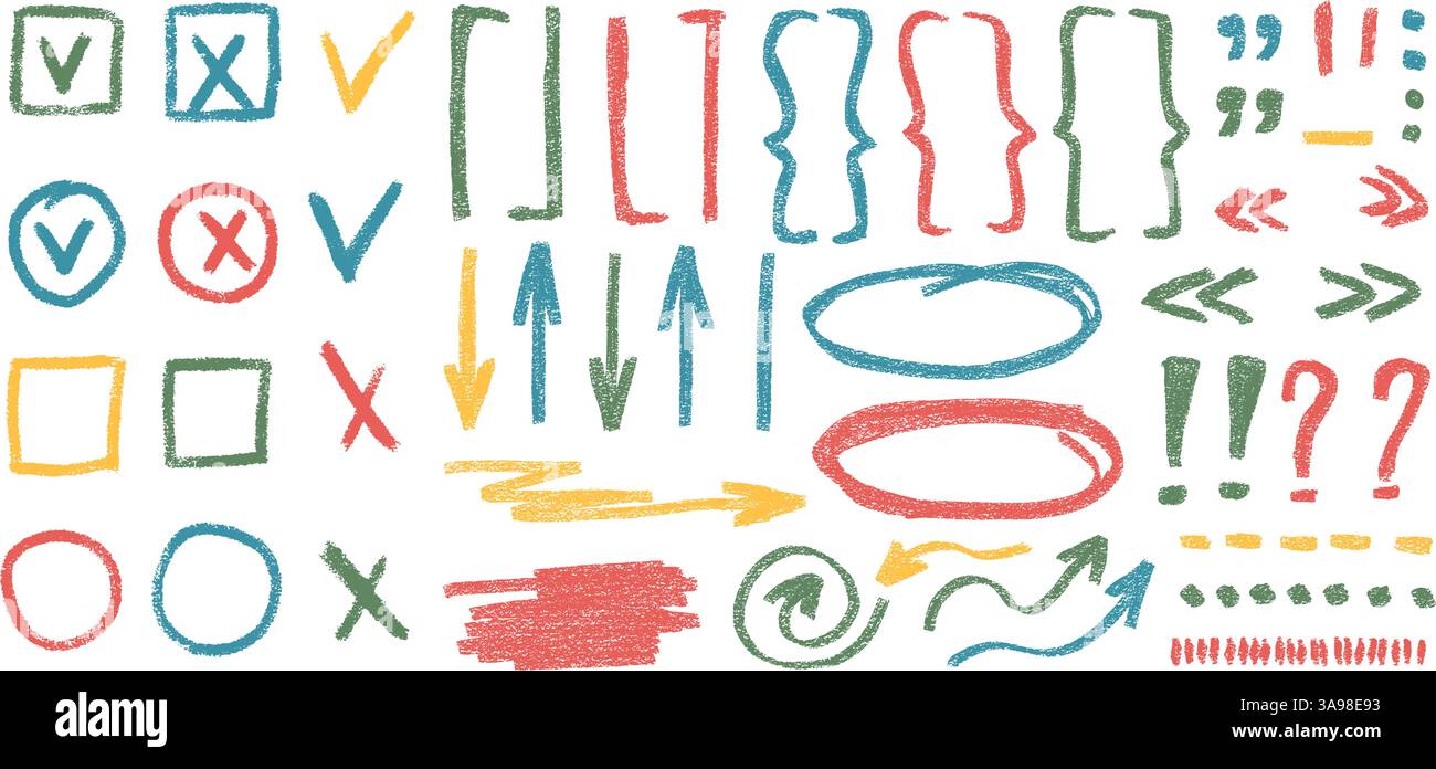 Check marks, arrow doodle set. Crayon underlines, quotation marks ...