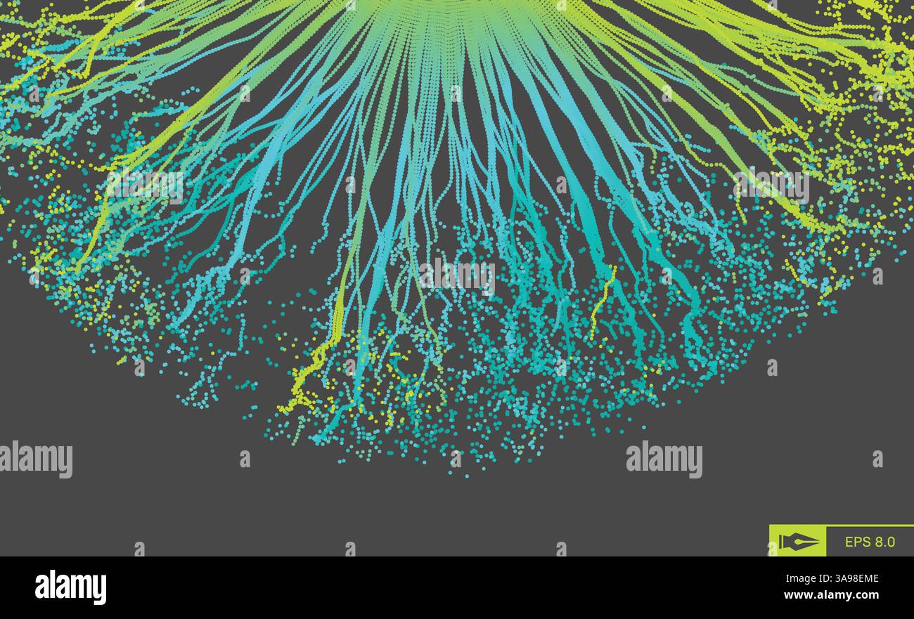 Point Explode. Array with Dynamic Emitted Particles. 3D Technology Style. Abstract Background ...
