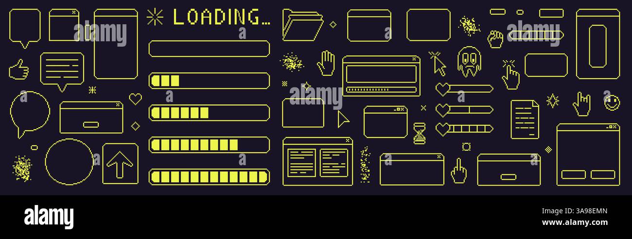 Pixel art retro windows interface. 8 bit text boxes with loading, cursors, arrow. Green stroke ...