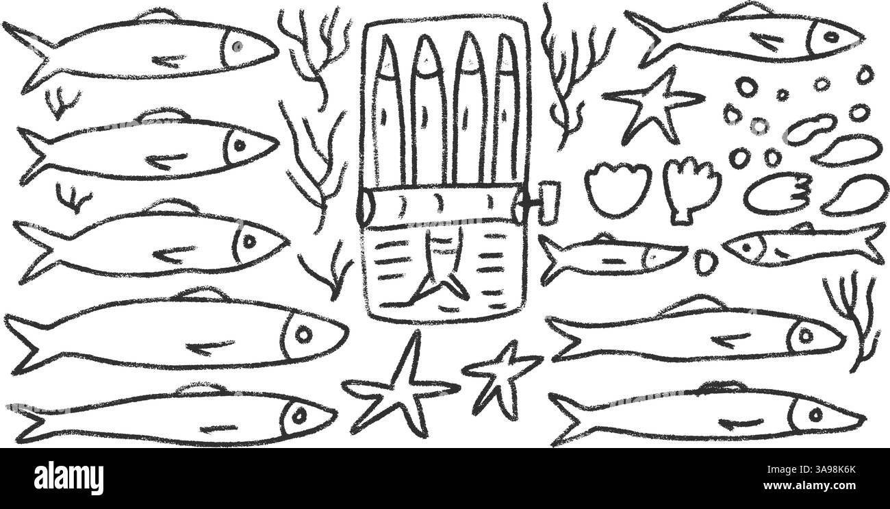Sardines line doodle set. Canned fish hand drawn scribble. tinned ...