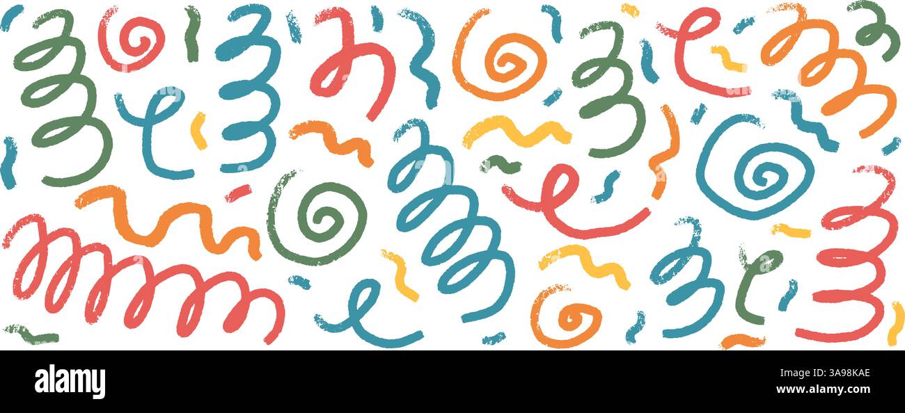 Colorful crayon drawn squiggles and spirals lines. Hand drawn kids ...
