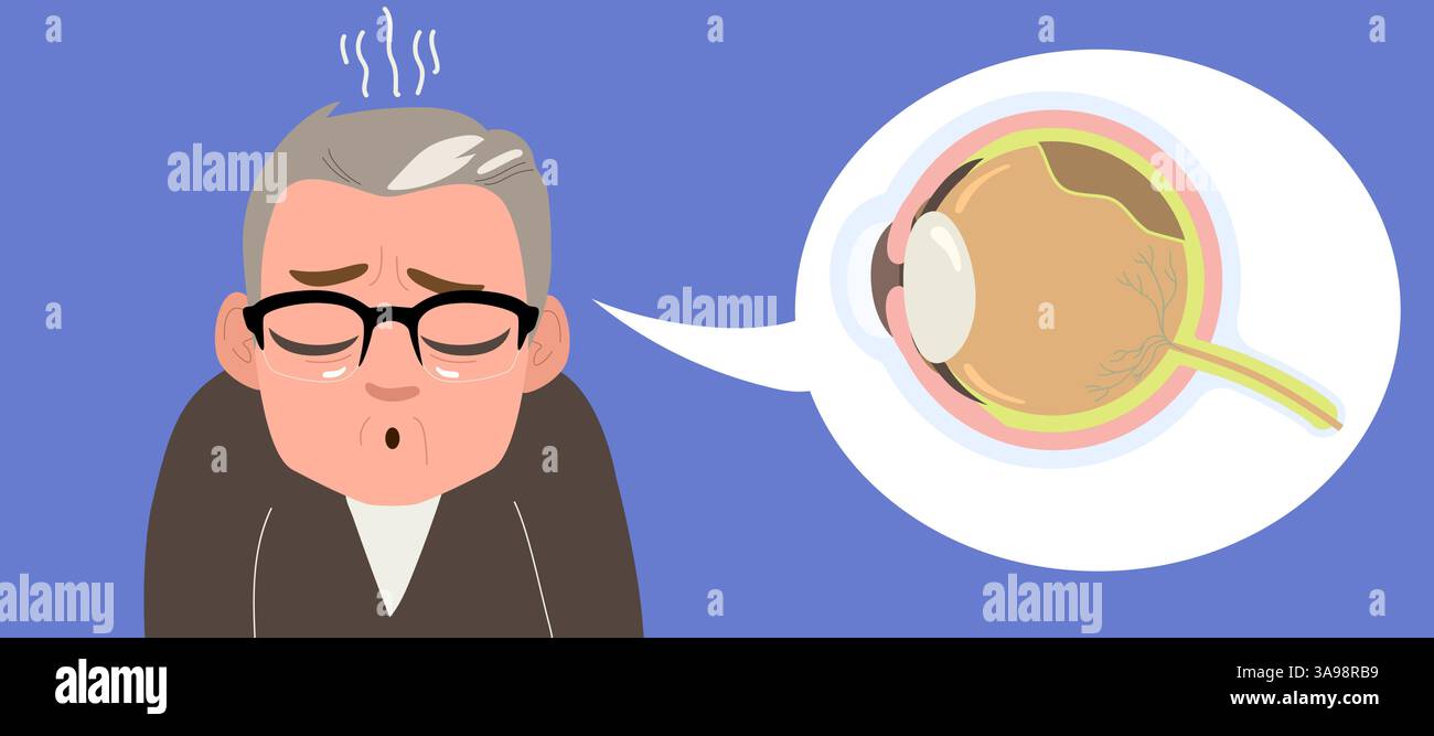 Expressive cartoon illustration of an elderly man experiencing retina ...