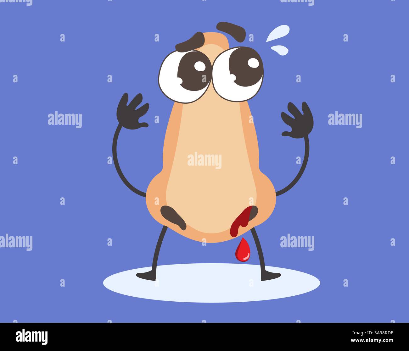Expressive cartoon illustration of an anthropomorphized nose character experiencing a nosebleed ...