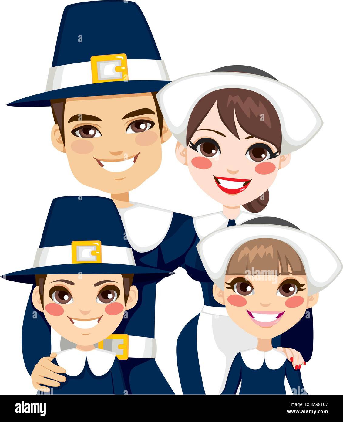 Family dressed with traditional pilgrim clothes for thanksgiving day ...