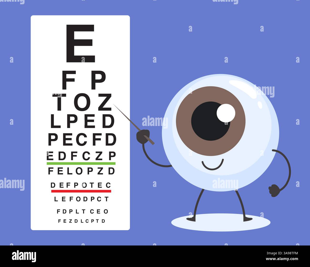 Cartoon illustration of a friendly eye character standing next to an ...