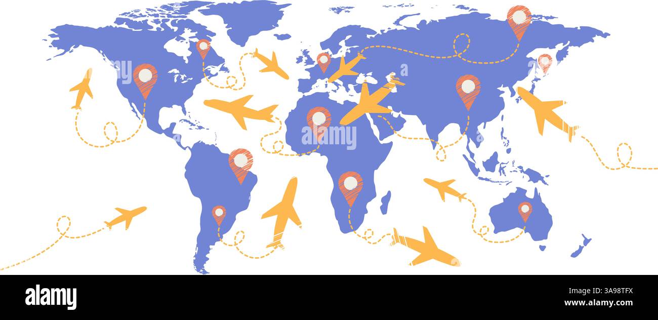 Illustration of airplanes travel routes on a world map. Worldwide air ...