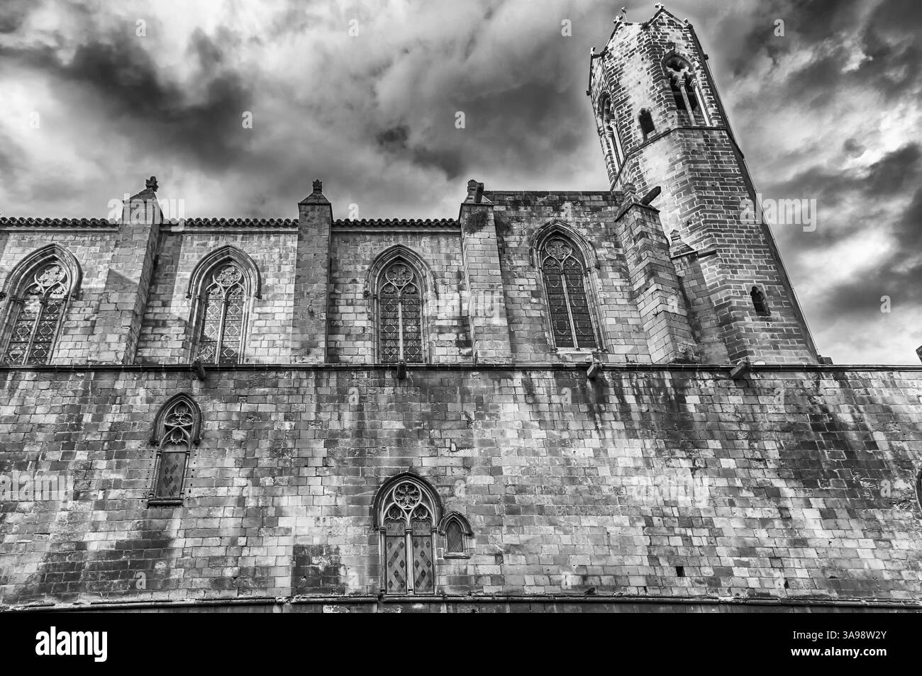 Medieval walls of Palau Reial Major in Placa del Rei, public square of ...