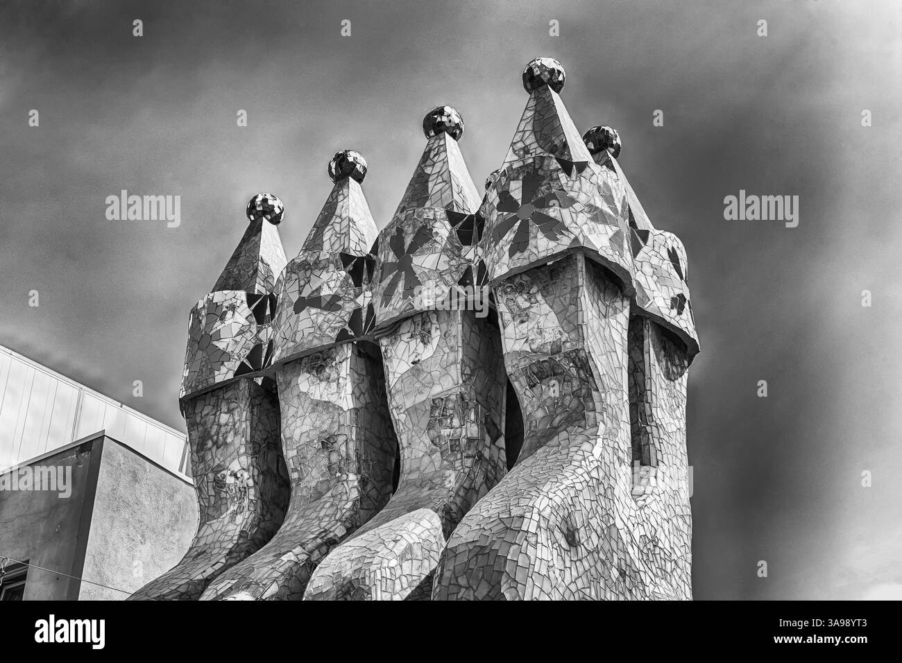 BARCELONA - AUGUST 9: Mosaic tile chimneys of Casa Batllo, renowned ...