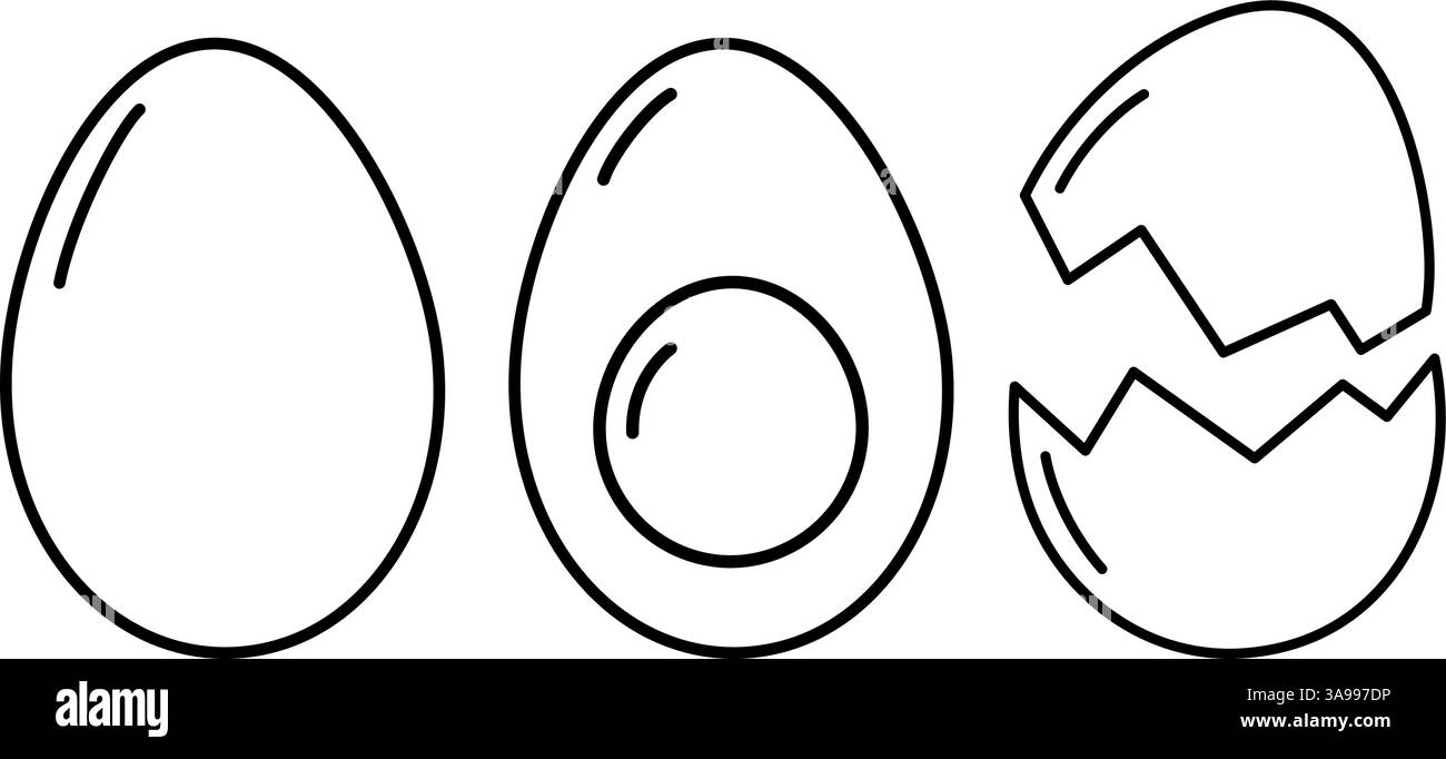 Outline Whole Egg Half Hard Boiled with yolk Cracked Eggshell Linear ...