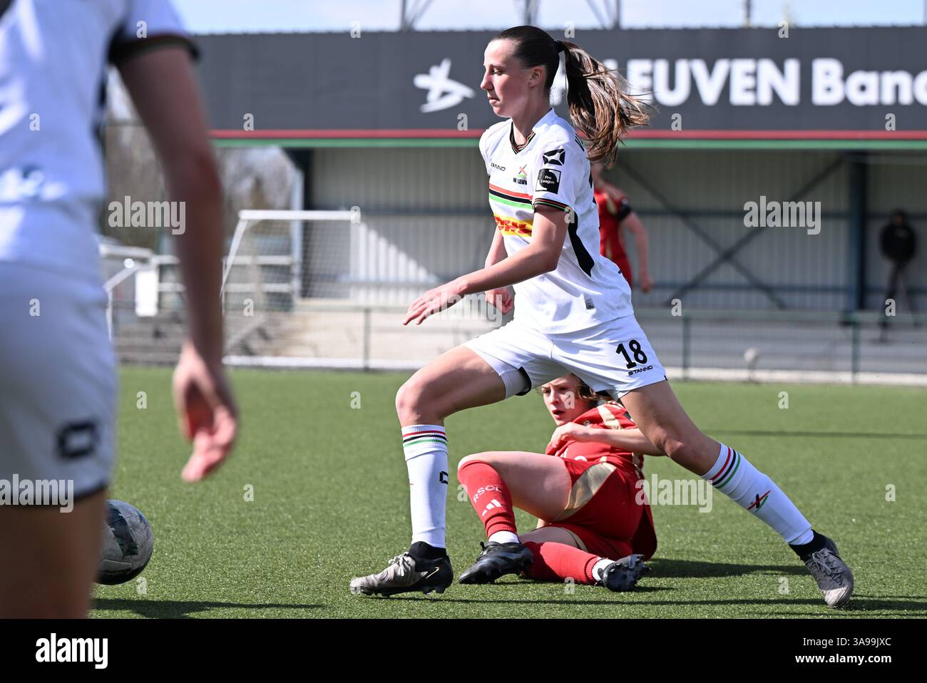 Heverlee, Belgium. 29th Mar, 2025. Constance Brackman (20) of Standard and Anouk Van Praet (18 ...