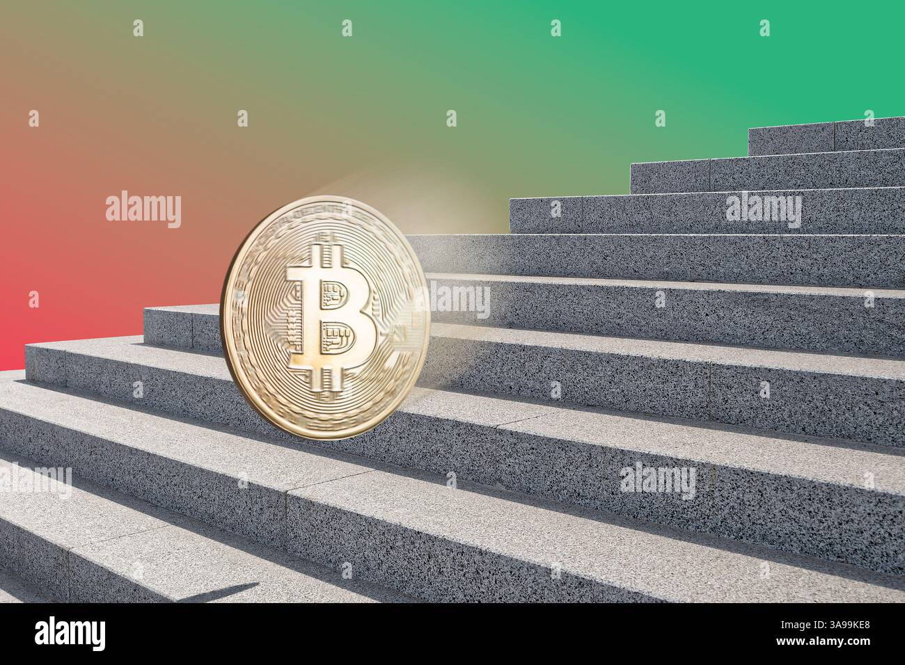 Illustration of a massive Bitcoin coin tumbling down granite stairs ...