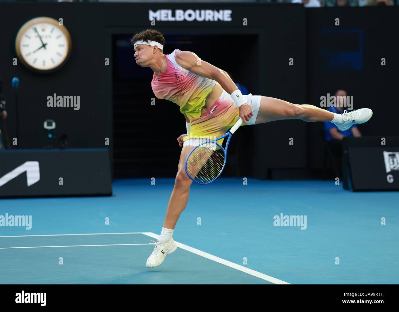 American tennis player Ben Shelton (USA) playing a service shot at ...