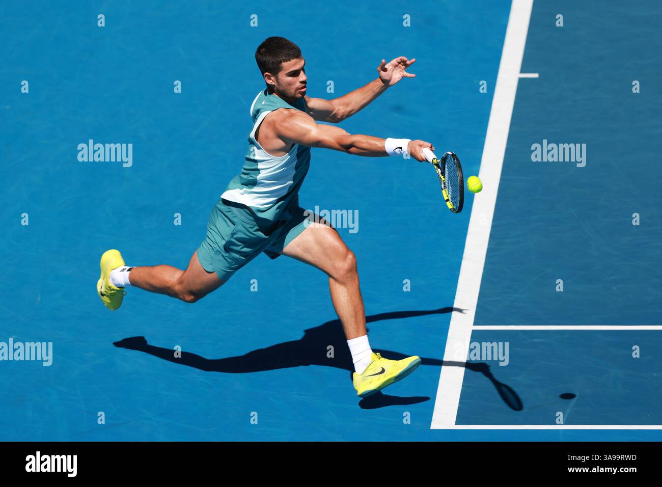 Spanish tennis player Carlos Alcaraz (ESP) playing forehand shot at the Australian Open 2025 ...