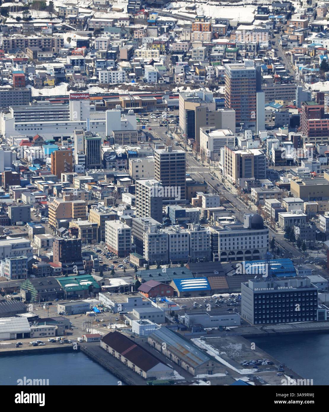An aerial photo shows townscape of Otaru City in Hokkaido Prefecture ...