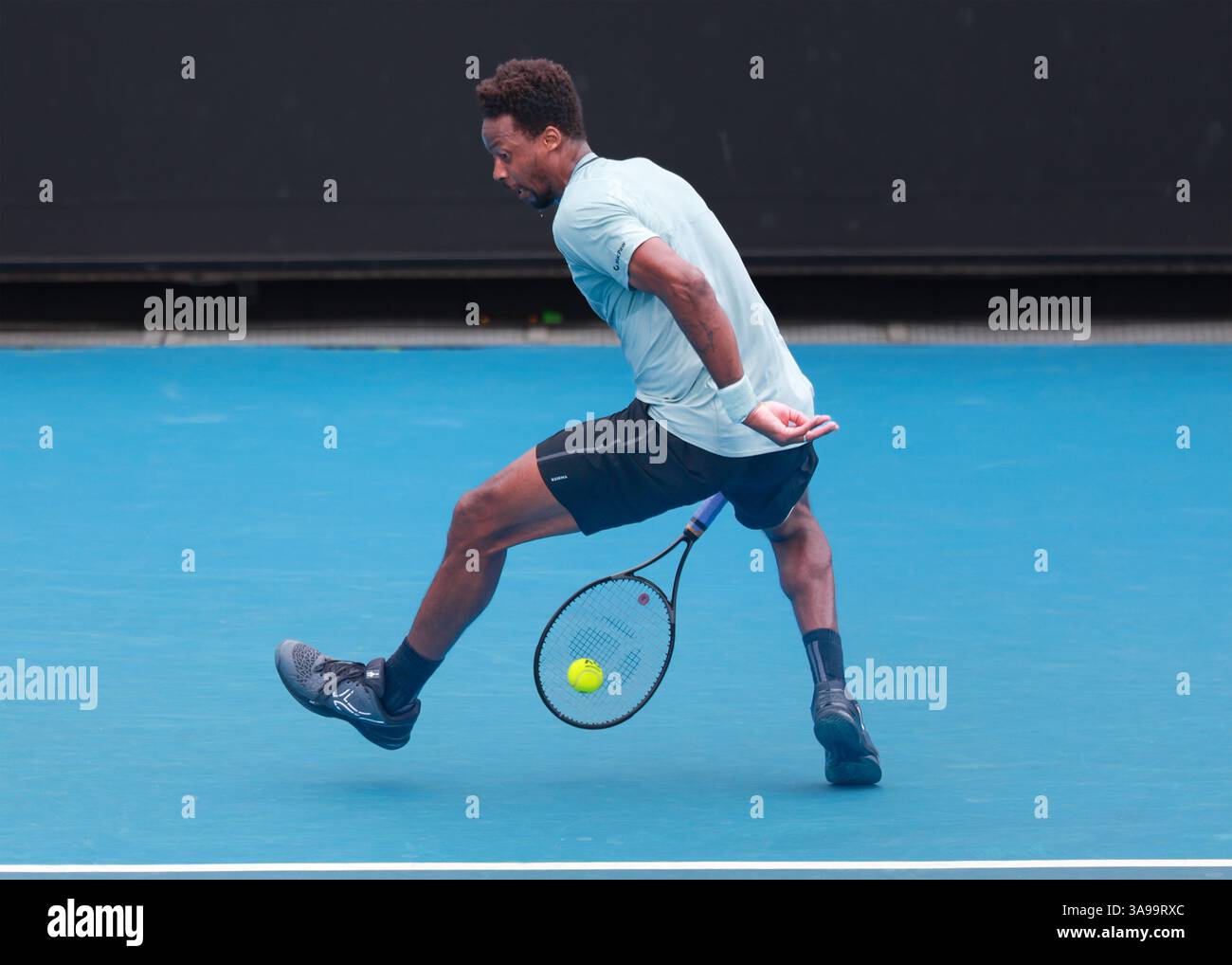 French tennis player Gael Monfils playing a tweener shot at the ...