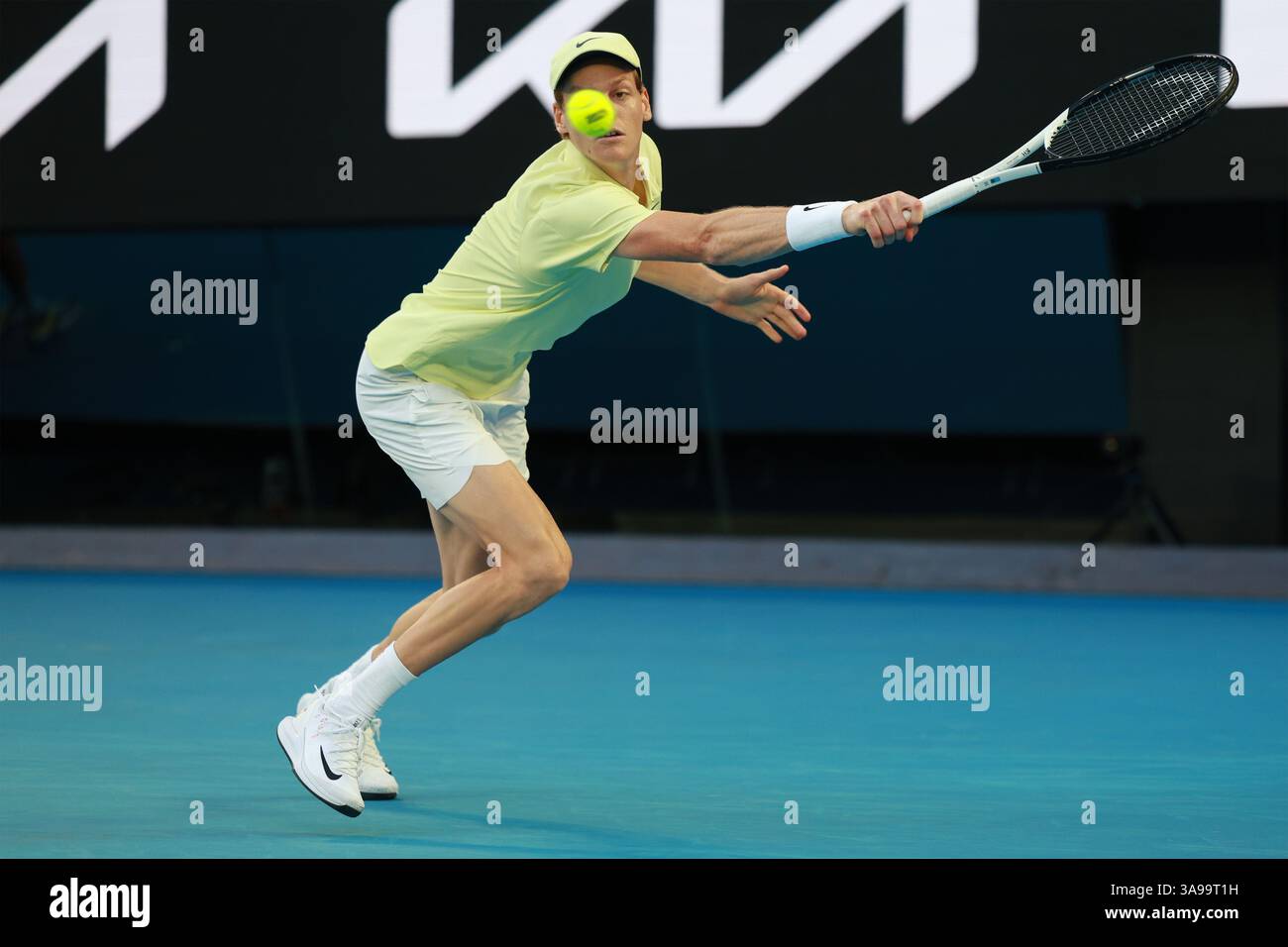 Italian tennis player Jannik Sinner (ITA) playing a backhand shot at ...