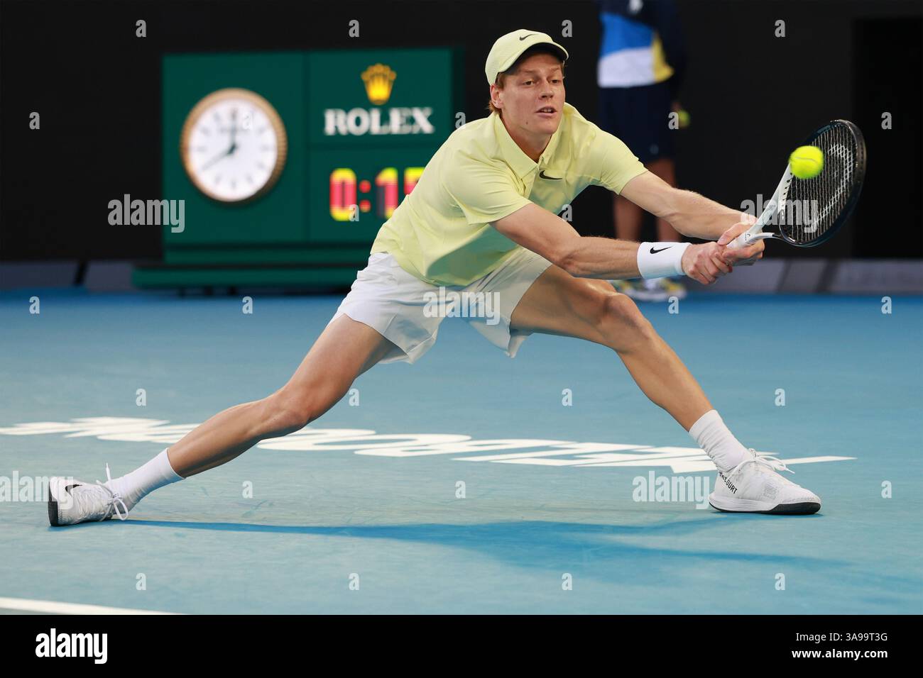 Italian tennis player Jannik Sinner (ITA) playing a backhand shot at ...