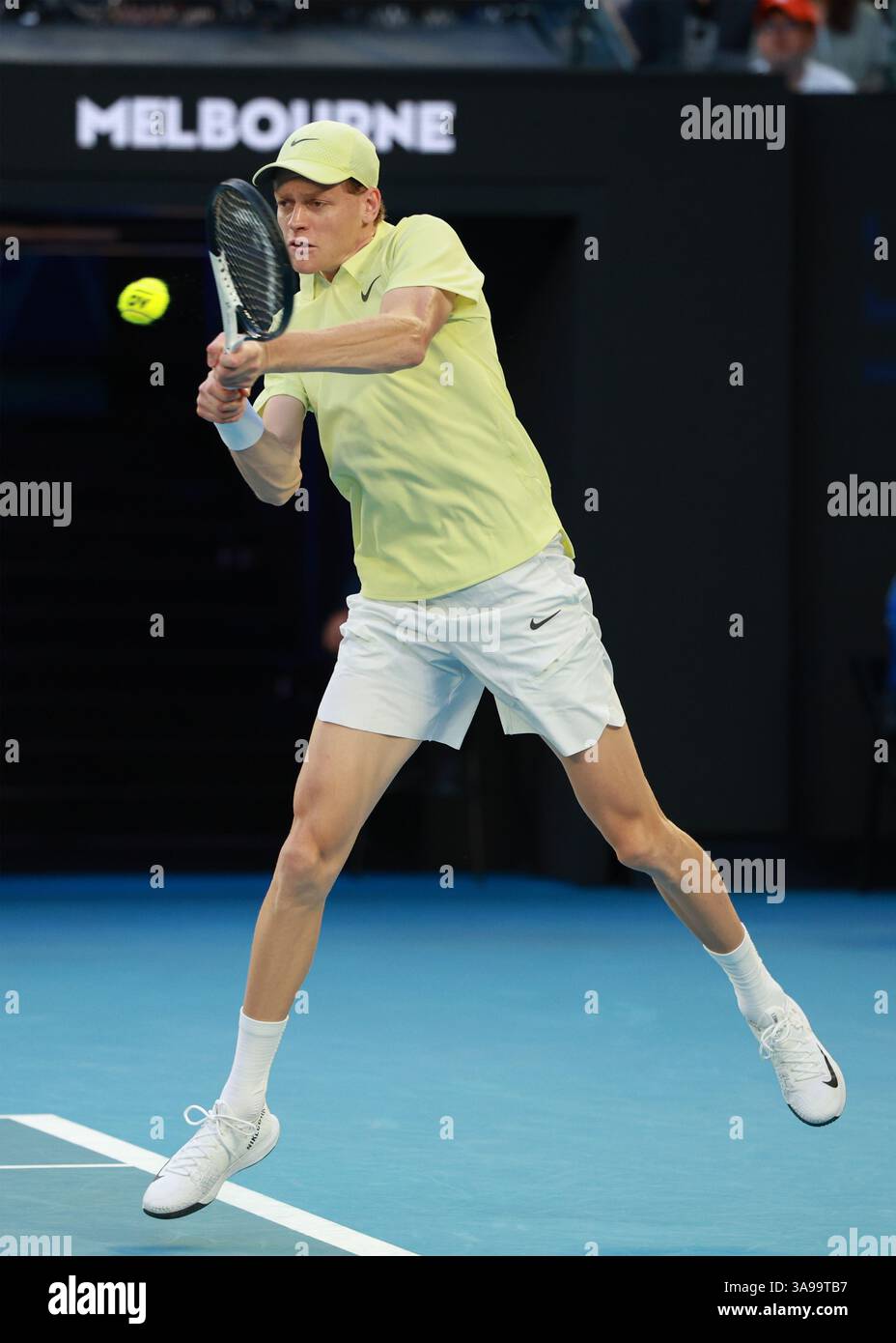 Italian tennis player Jannik Sinner (ITA) playing a backhand shot at ...