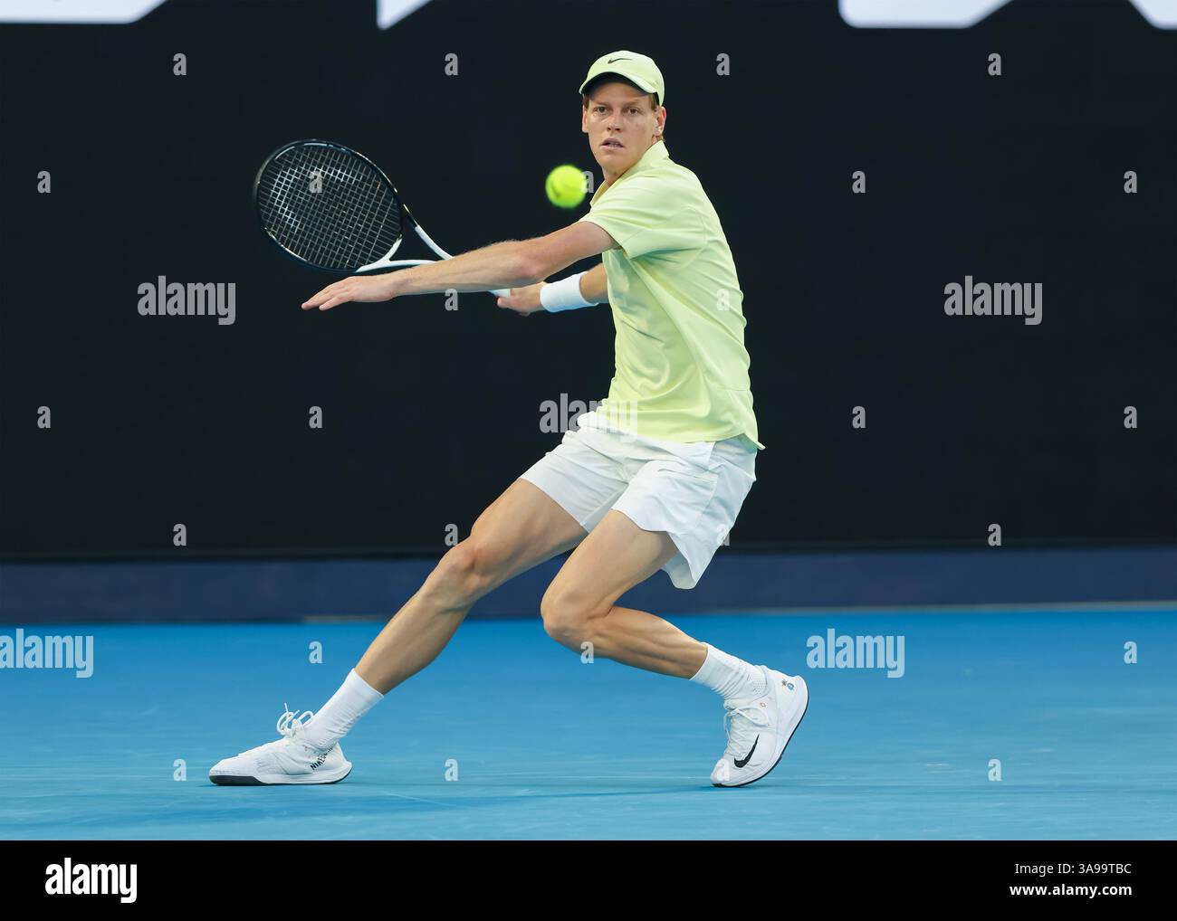 Italian tennis player Jannik Sinner (ITA) playing a forehand shot at ...