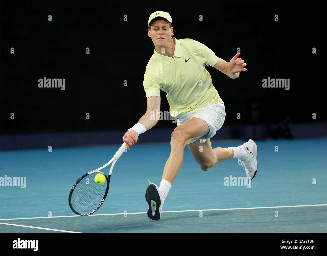 Italian tennis player Jannik Sinner (ITA) playing a forehand shot at ...