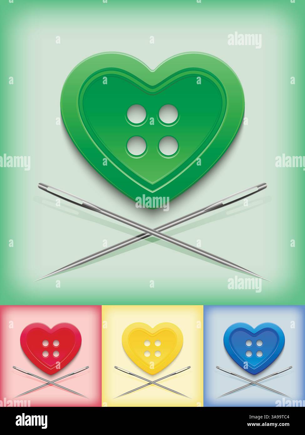 Heart-shaped button and crossed needles on a four colored background ...