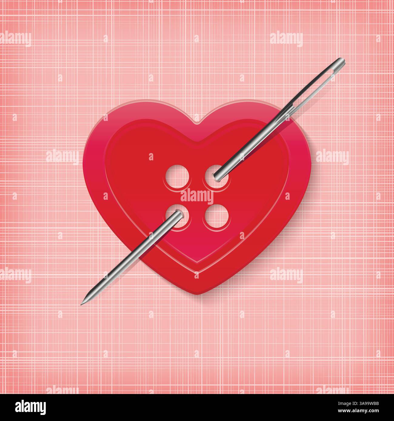 Heart-shaped button with a needle on a striped pink background Stock ...