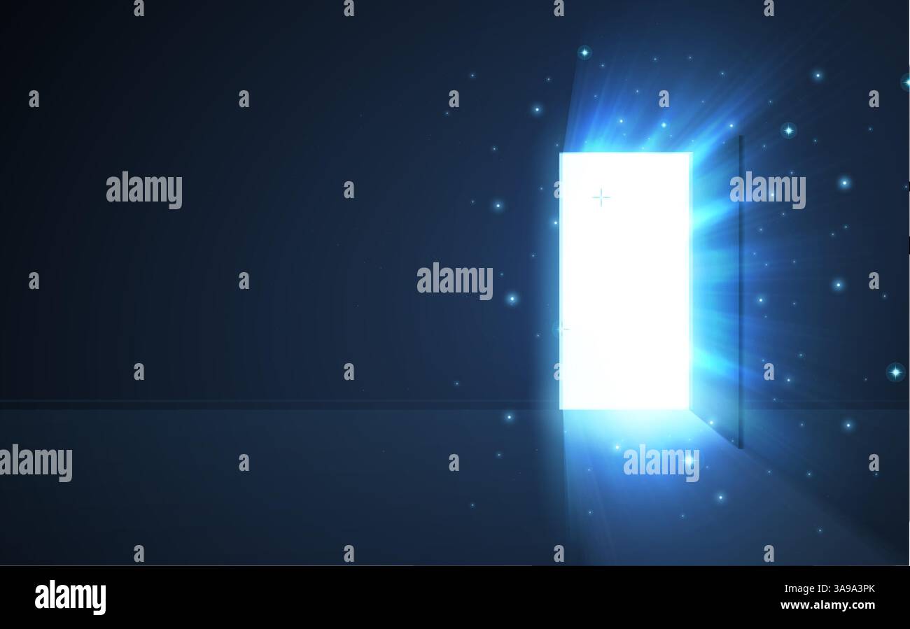 Open door with abstract light on blue background. Digital gateway ...