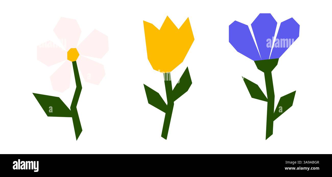 set of three colourful cut out style geometric spring flowers like ...