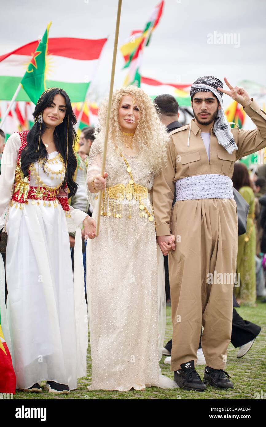 Frankfurt am Main, Germany. March 29, 2025. Thousands of Kurdish people gather at Rebstockpark ...