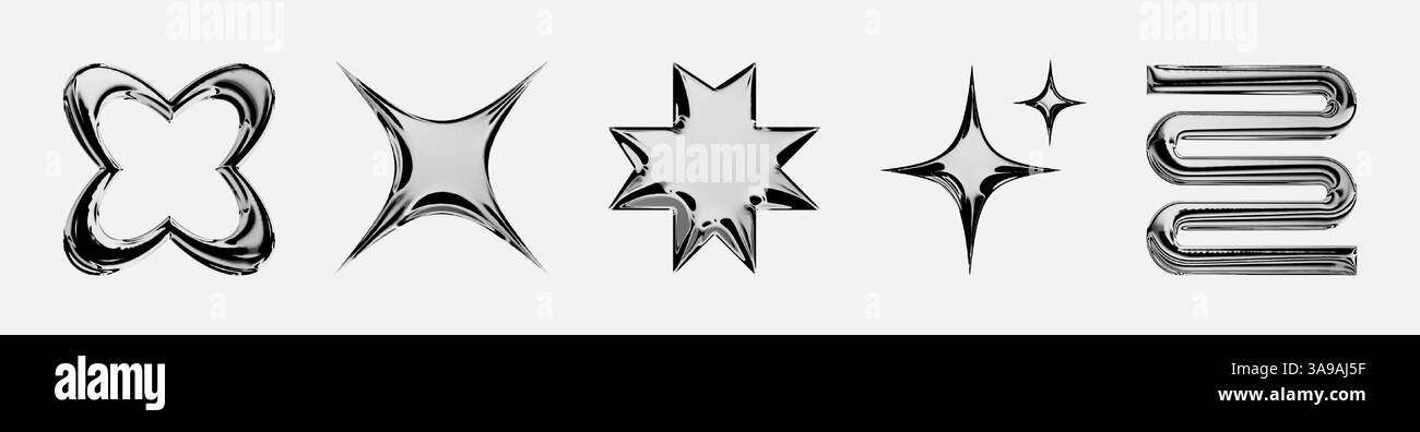 set, collection of metal chrome Y2k elements. pack of retro futuristic, geometric and brutalism ...