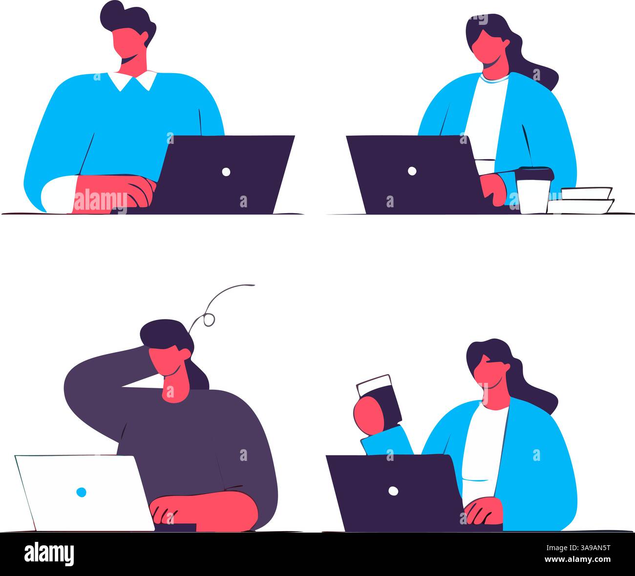 Illustration of four people working on laptops, each in a different ...