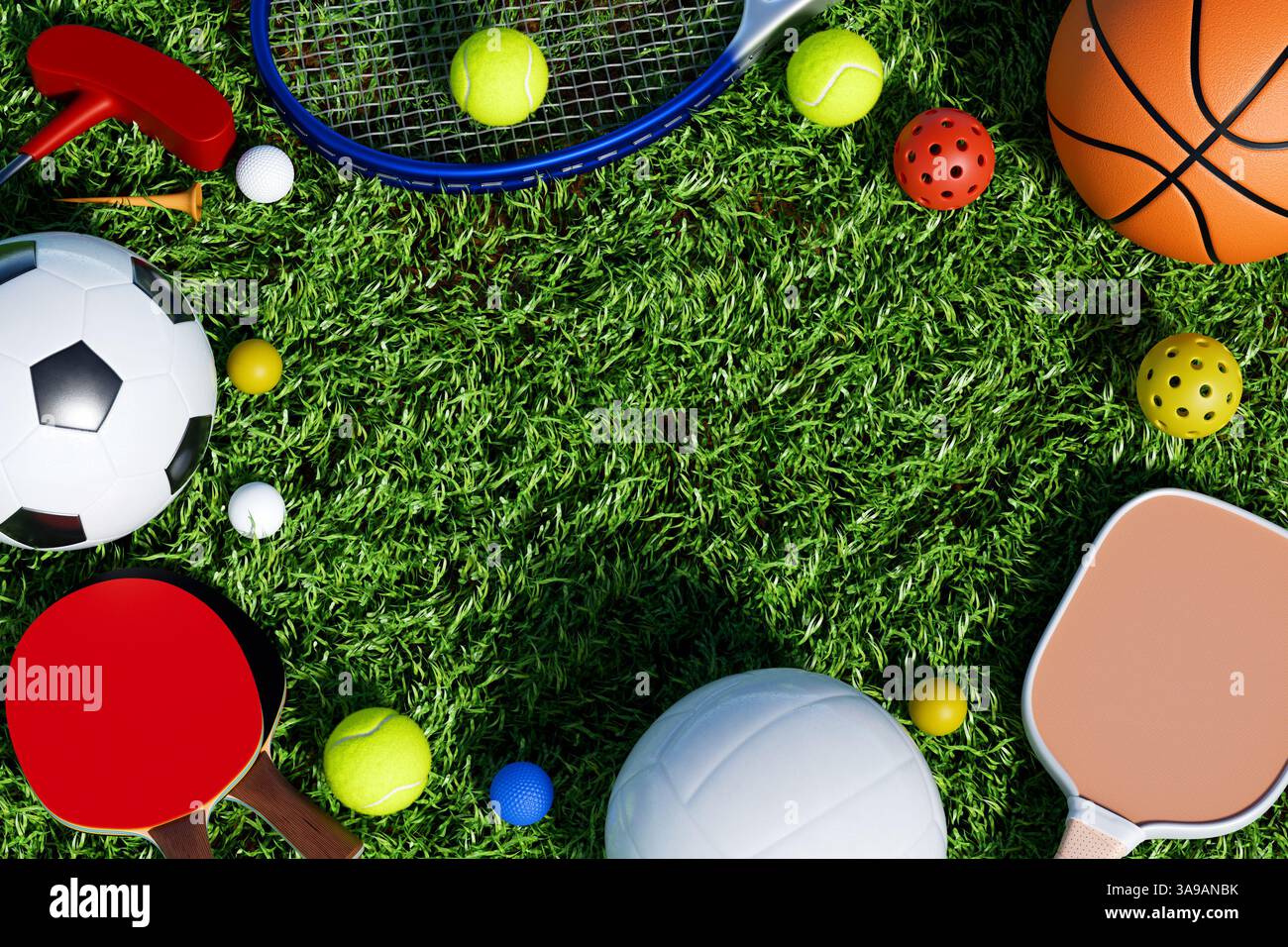 Colorful sports equipment scattered on grass.3d rendering Stock Photo ...