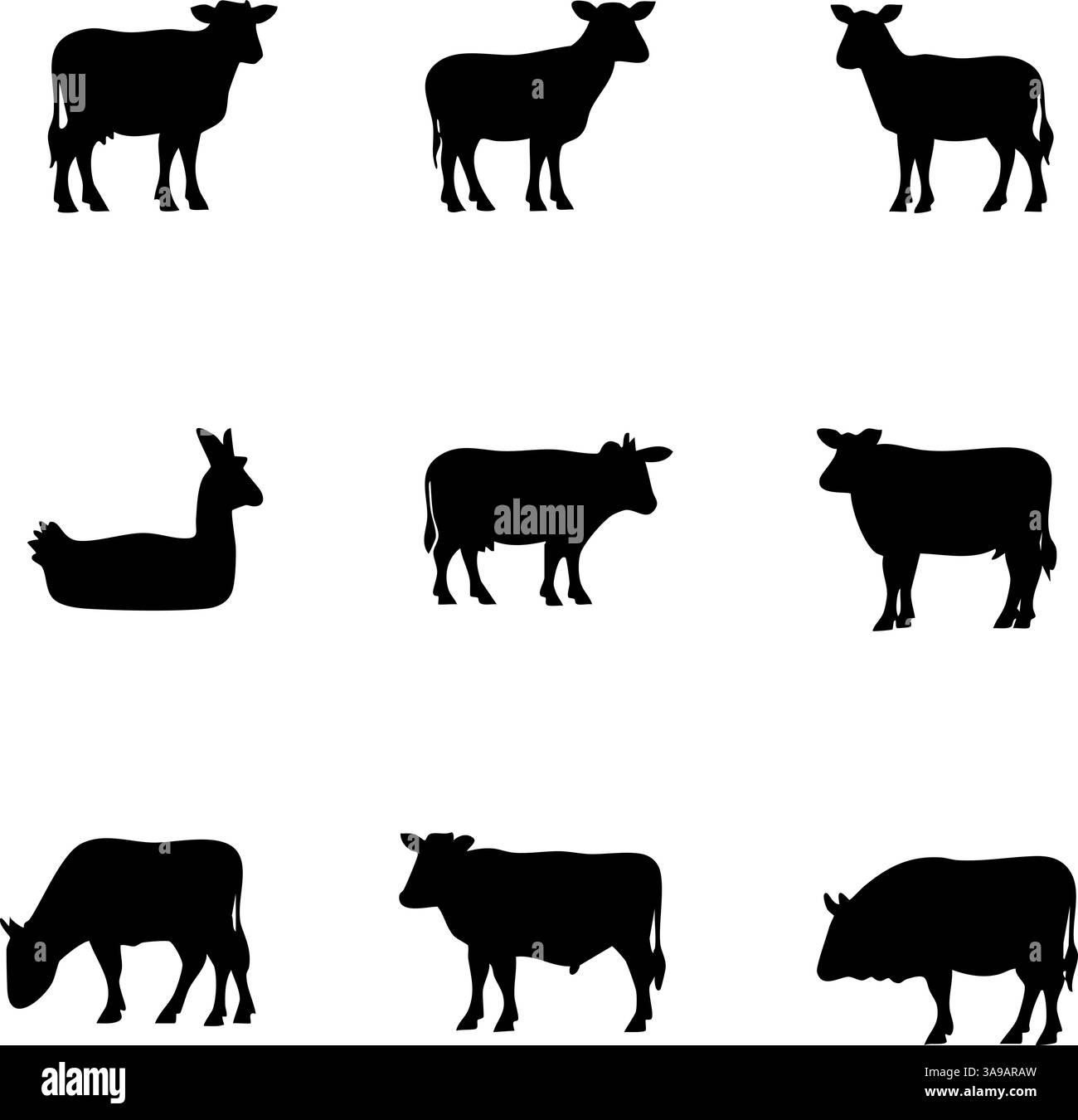 A grid of nine black silhouettes of farm animals in various poses and ...