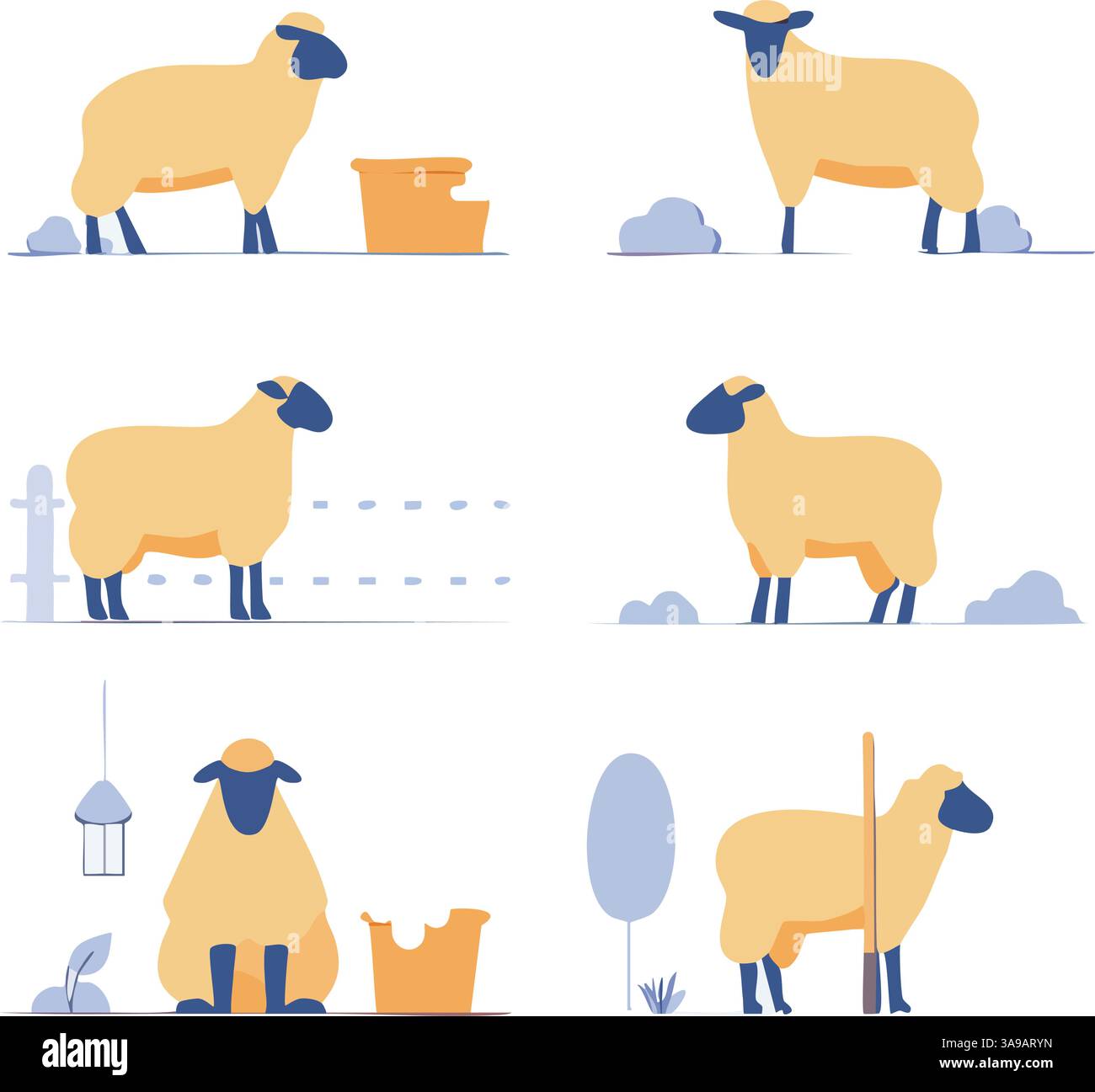 A collection of six cartoon-style sheep illustrations in various poses ...