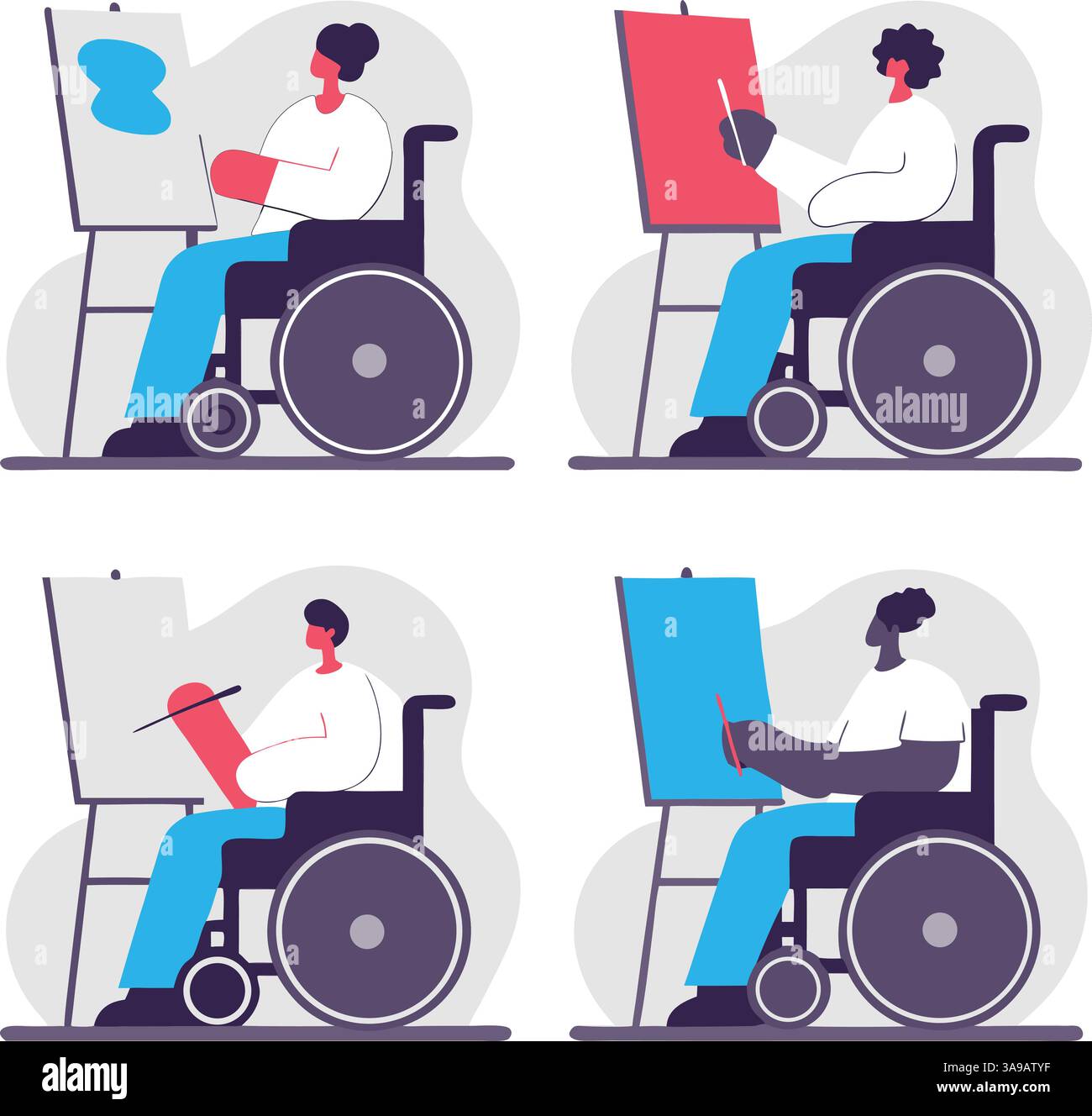 Illustration of four diverse artists in wheelchairs painting on ...