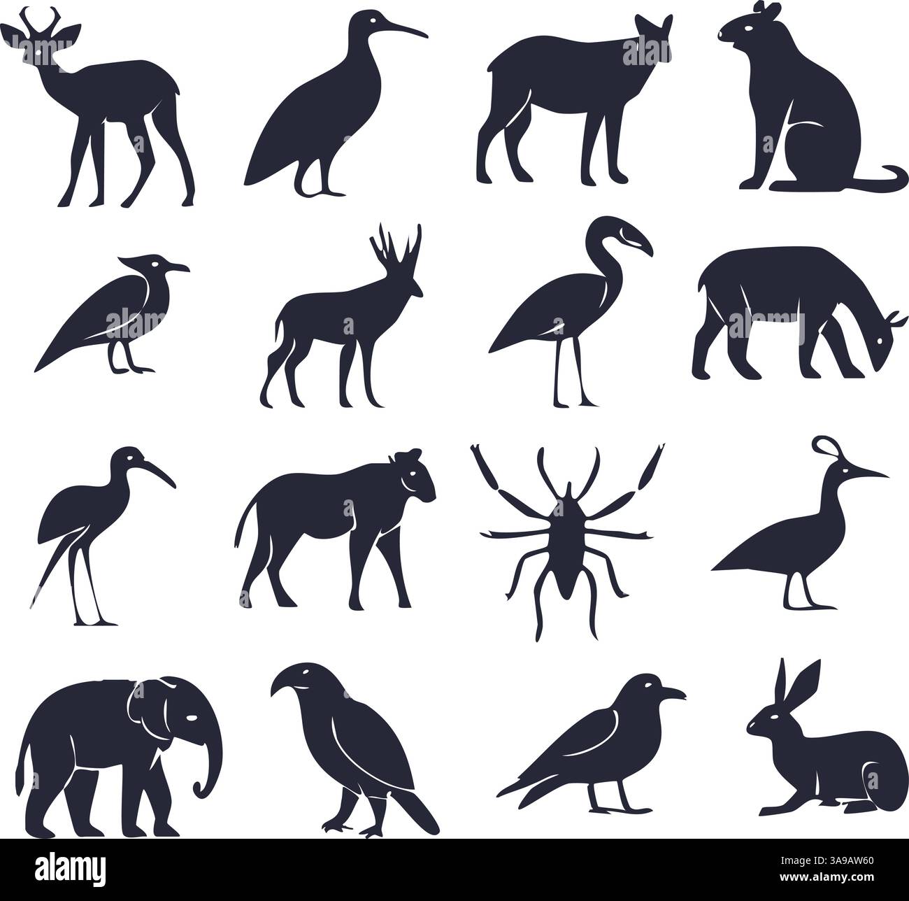 A collection of silhouette illustrations featuring various animals ...